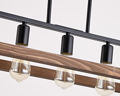 Fivess Lighting 5-Light Rustic Wood Kitchen Island Lighting,Oak Wood and Metal Linear Chandelier,Retro Industrial Pendant Light Fixture for Kitchen Island Dining Room Farmhouse,Black