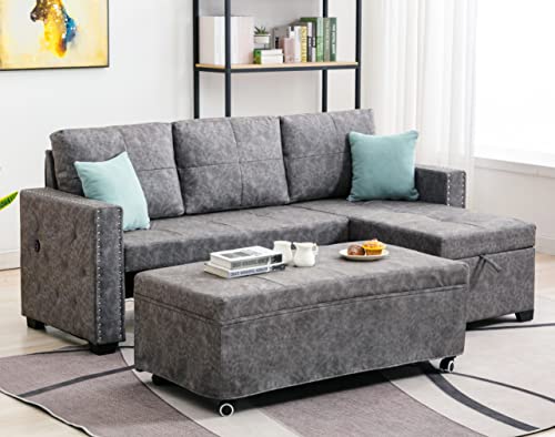 Merax 84" Pull-Out Sleeper Sofa Bed with USB Port,L-Shaped Storage Corner Sofa Bed with Storage Chaise Lounge, 3-Seater Upholstered Sofa Couch with Nail Head Trim