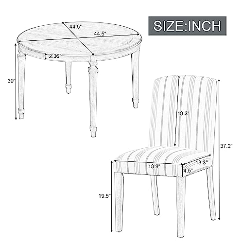Merax Round Dining Room Table and Chairs Set of 4 Farmhouse Rustic Round Dining Table Set 5 Piece Wood Kitchen Table and 4 Upholstered Chairs with Striped Fabric for Dining Room