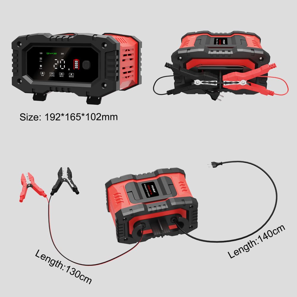 ATian Smart Battery Charger 12V/20A 24V/10A Automatic Battery Maintainer Auto-Volt Detection ,with LDC Display Tester for Car Motorcycle Lawn Mower AGM GEM Lead Acid Batteries (Red)