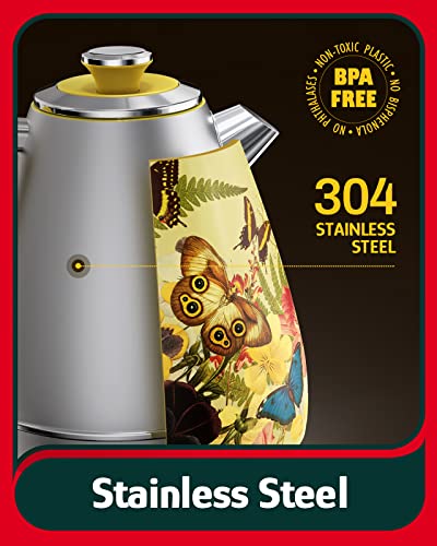 Hazel Quinn X Eduardo Recife Collaboration Electric Kettle with Thermometer - 1.7 Litres / 57.5 Ounces Retro Tea Kettle, All Stainless Steel, Fast Boiling 1200W, Cordless, BPA-free, Automatic Shut-Off