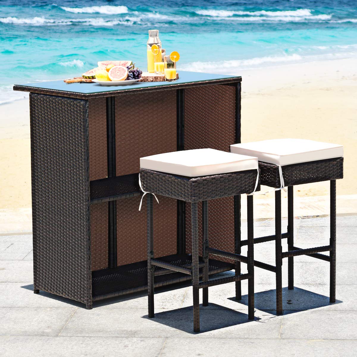 DORTALA 3 Pieces Rattan Patio Bar Table & Stool Set, Patio Furniture Set for Lawn Pool BackyardFront Porch, Dining Set w/Cushion, Beige