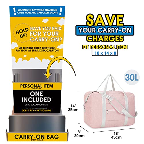 For Spirit Airlines Personal Item Bag 18x14x8 Foldable Travel Duffel Bag Tote Carry on Luggage Duffle Overnight for Women and Men 30L(Pink)