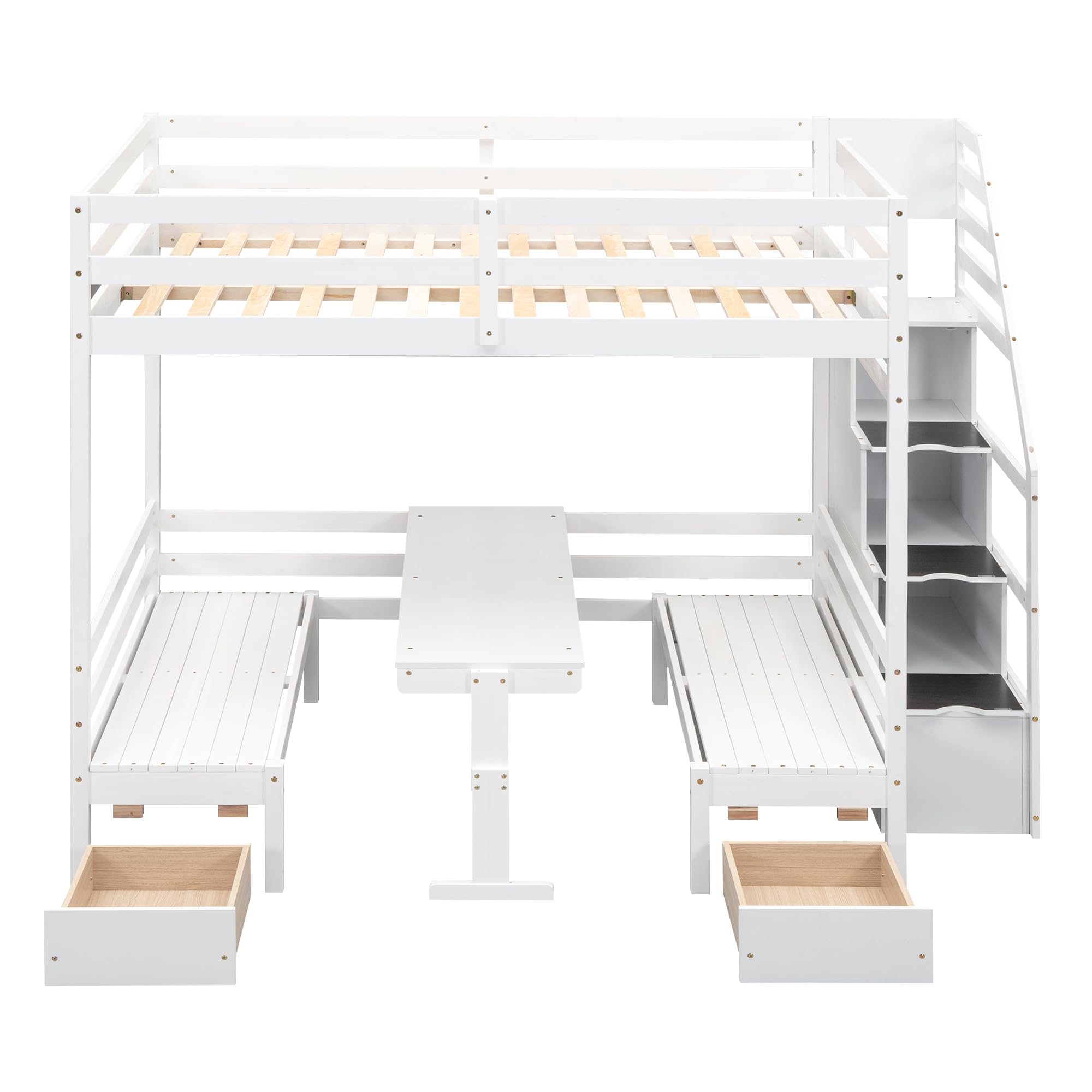 MERITLINE Full Loft Bed with Stairs and Desk, Wooden Full Loft Bed with Desk, Bunk Bed Full with Convertible Seats and Table Set Underneath for Kids Girls Boys Teens,White