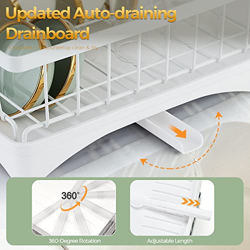 Dish Drying Rack for Kitchen Counter, 2-Tier Dish Racks with Drainboard, Large Capacity Dish Drainer Organizer Shelf with Utensil Holder, Wine Glass Holder(White)