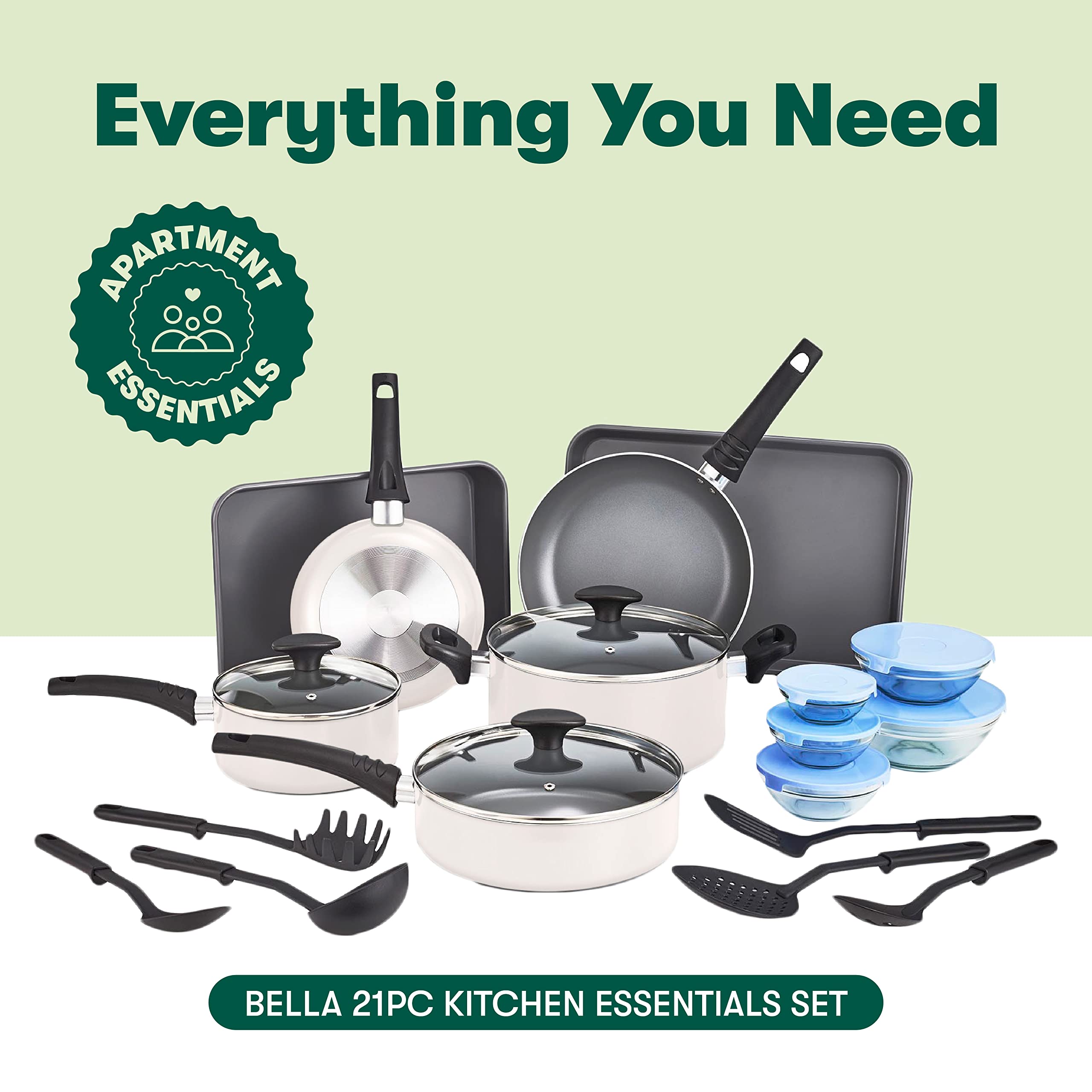 BELLA Nonstick Cookware Set with Glass Lids - Aluminum Bakeware, Pots and Pans, Storage Bowls & Utensils, Compatible with All Stovetops, 21 Piece, White