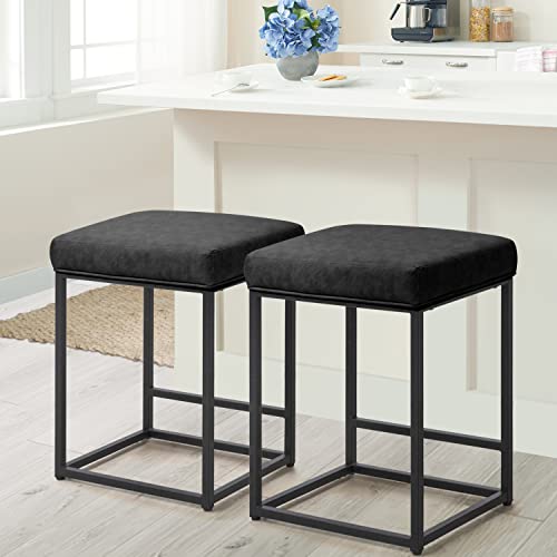 Homall Bar Stools, Counter Height 24" Barstools Set of 2 for Kitchen Island, Bar Chairs PU Leather Backless Modern Square Stool with Thick Cushion and Metal Steel Frame (Black)