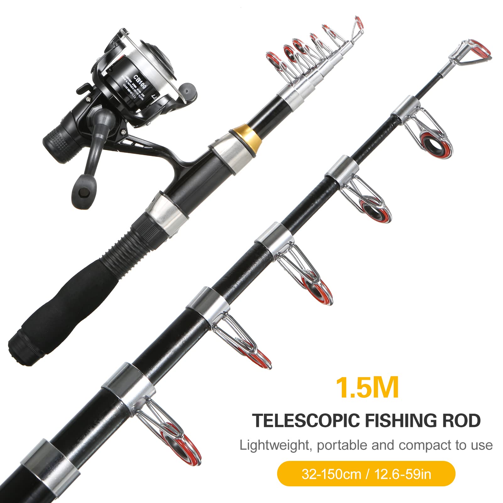 Aomiun 1.5m/1.7m Telescopic Fishing Rod Whirl Reel Tackle Set for Saltwater and Freshwater