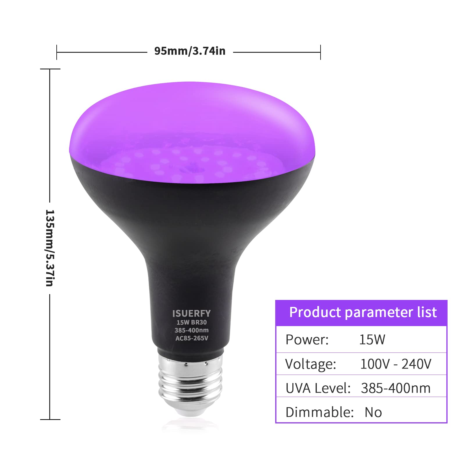 ISUERFY BR30 Black Light Bulbs 15W 2 Pack, E26 LED Black Case Bulb, 385-400nm, Fluorescent Blacklight Bulb for Glow in The Dark Party Body Paint Fluorescent Poster Halloween Decor