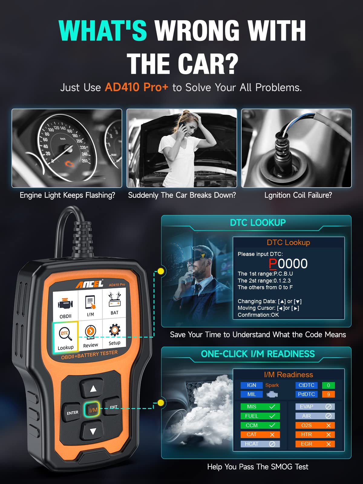 ANCEL AD410 Pro+ 2 in 1 OBD2 Scanner Battery Tester, OBD2 Scanner Diagnostic Tool for Car Check Engine Code Reader Scan Tool & 6V 12V 100-2000 CCA Battery Charging Cranking Test EVAP Live Data