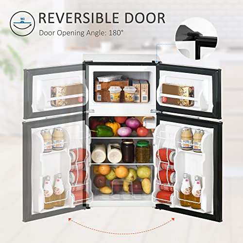 HOMCOM Double Door Mini Fridge with Freezer, 3.2 Cu.Ft Compact Refrigerator with Adjustable Shelf, Adjustable Thermostat and Reversible Door for Bedroom, Dorm, Home Office, Black