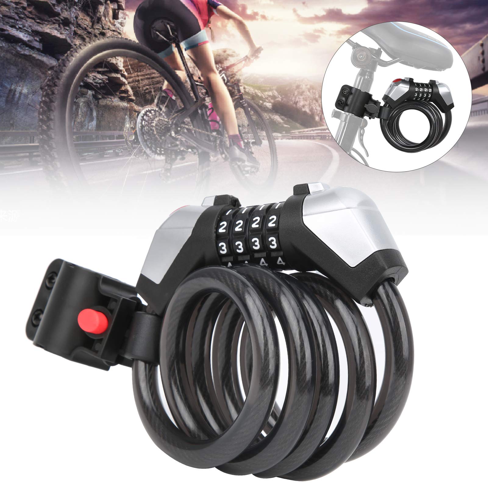 Beaswhca Portable Mountain Bike Combination Cable Lock Safe and Reliable with Light 4-Digit Code
