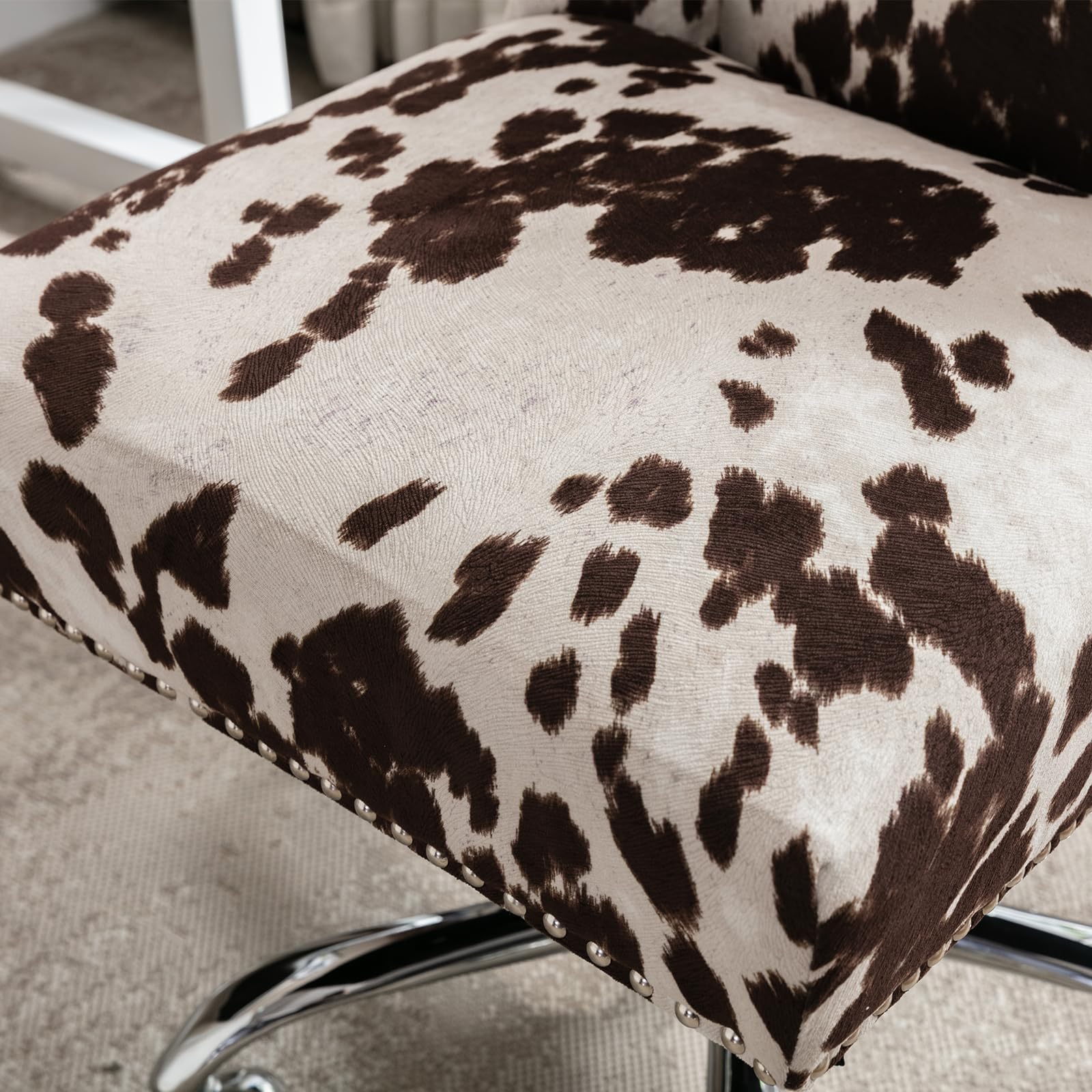 Janoray Home Office Desk Chair, Modern Swivel Height Adjustable Computer Chair, Comfy Upholstered Armless Accent Chair for Reading/Living Room/Small Space, Cow Fabric & Chrome Base