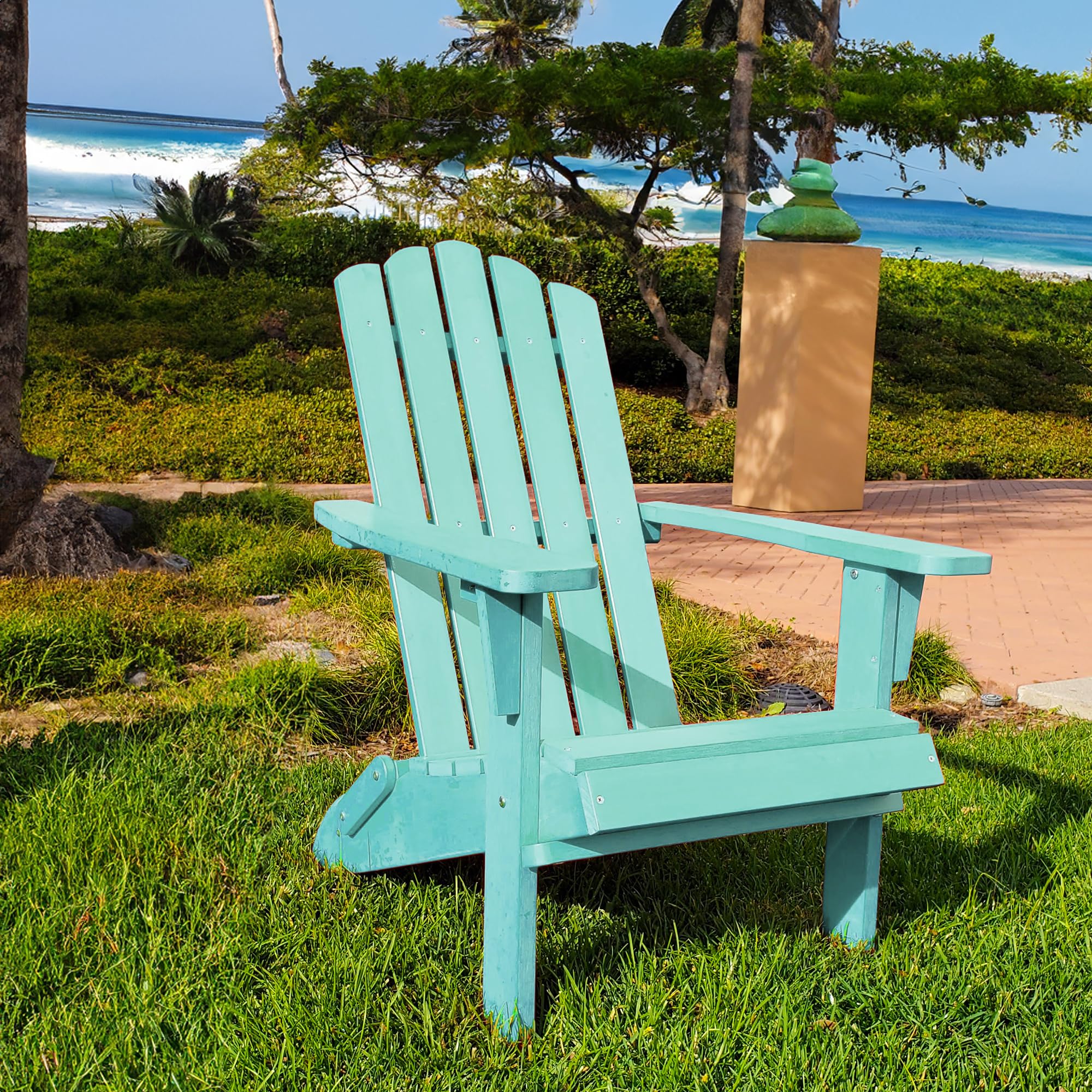 PolyTEAK Folding Adirondack Chair, Premium Weather Resistant Poly Lumber, Outdoor Patio Furniture, Up to 300 lbs, Plastic Adirondack Chairs for Patio Garden Fire Pit (Classic, Blue)