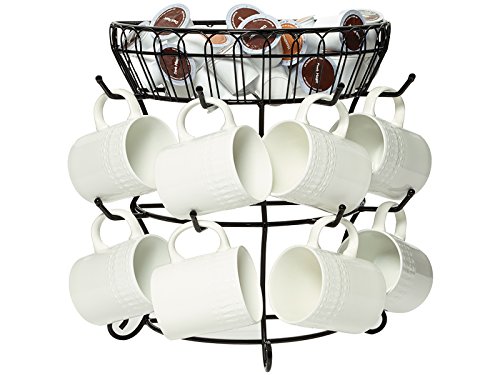 Gourmet Basics by Mikasa French Countryside Metal Mug Tree with Storage Basket, Antique Black, 14.75-Inch - 5154681