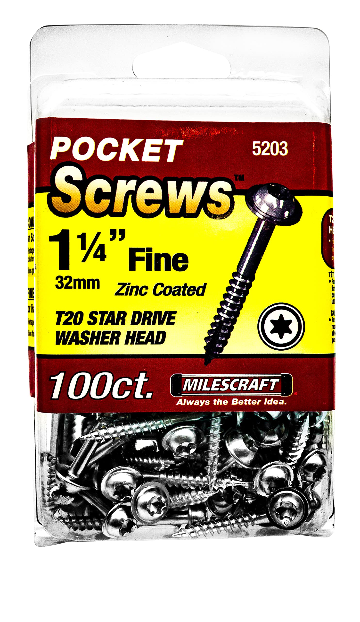 Milescraft 5203 Wood Pocket Hole Screws - #7 x 1-1/4" Washer Head with Fine Thread (100pc.), Torx Drive Self-Tapping, for Indoor Use