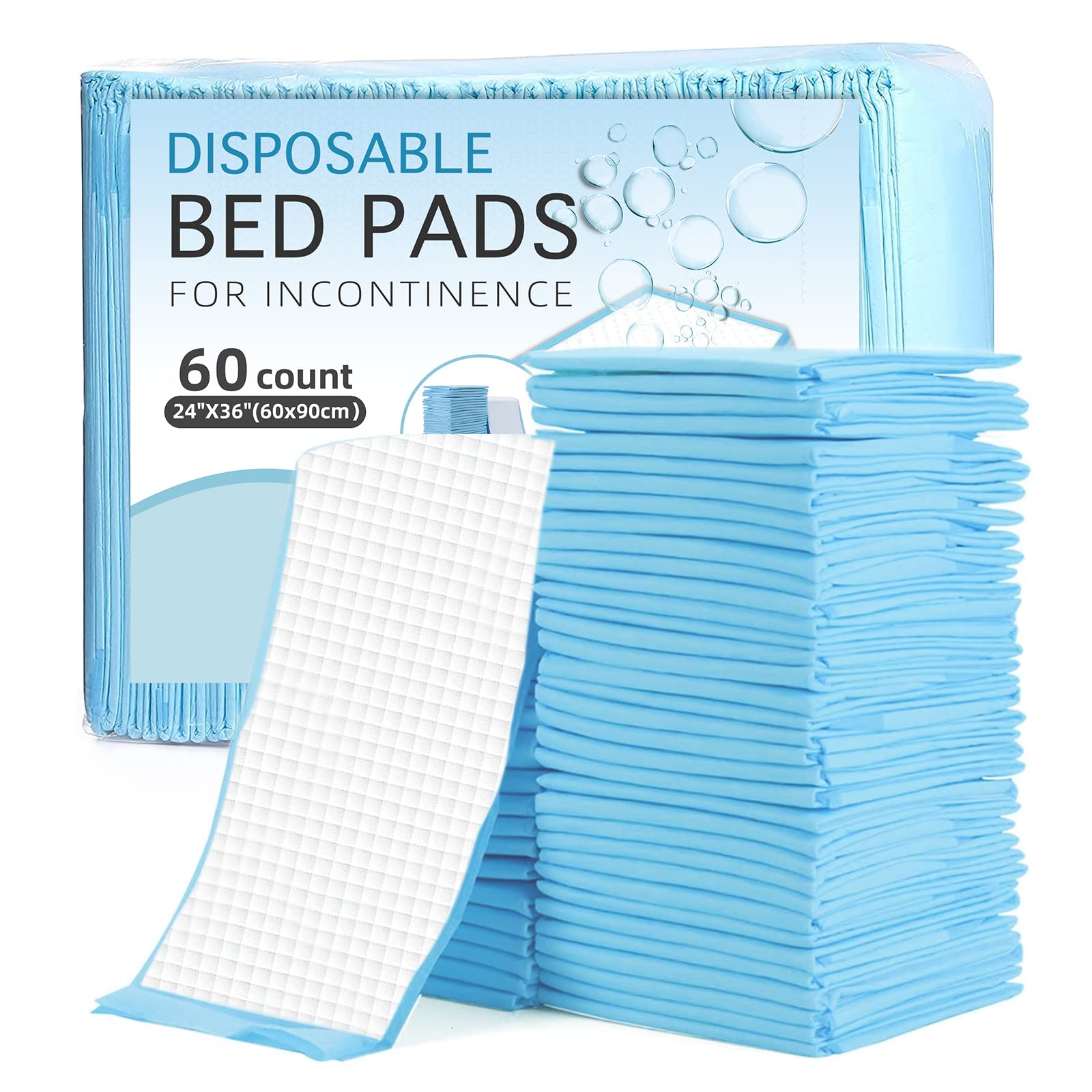 Bed Pads for Incontinence Disposable24x36,Disposable Underpads 60 Count ,Ultra Absorbent 45g Bulk Heavy Duty,Disposable Diaper Changing Pads for Baby ,Pee Pads Extra Large,Pads for Beds