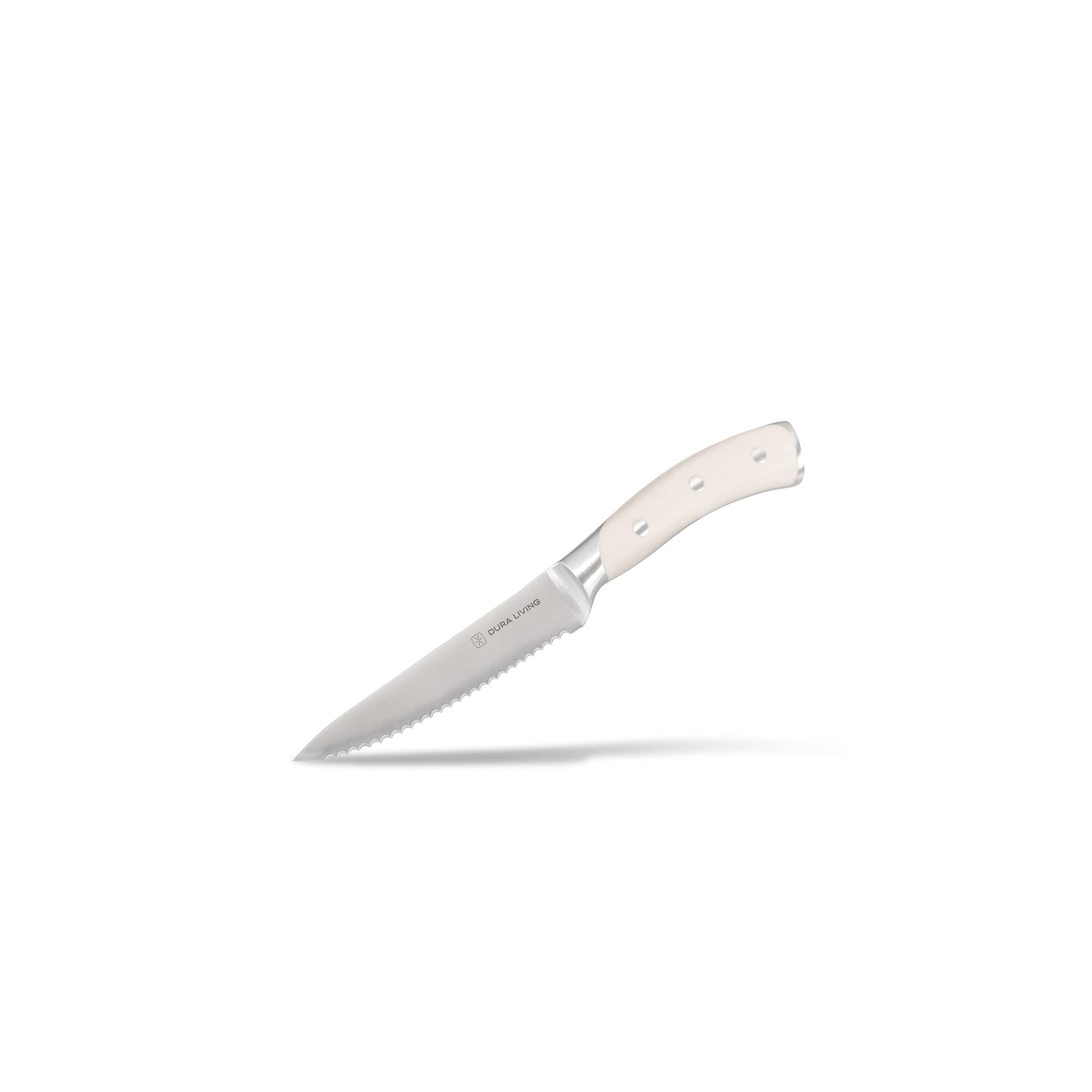 DURA LIVING 4-Piece Serrated Kitchen Steak Knife Set β Forged High Carbon Stainless Steel, Ultra Sharp, Ergonomic Black Handles, Durable Dinner Knives, Cream Handle