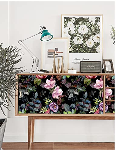 HAOKHOME 93153 Wild Spring Peel and Stick Wallpaper Bouquet Botanical Floral Black/Green/Pink Removable Stick on Home Decor 17.7in x 118in