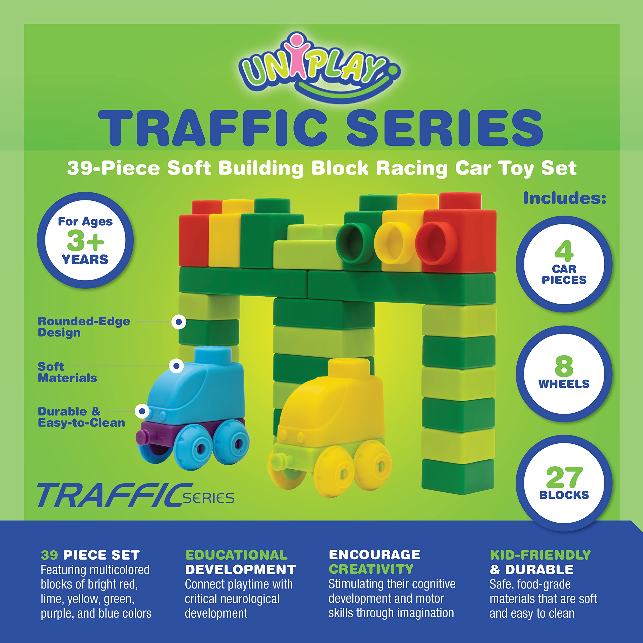 UNiPLAY Race Car Set, Building Block Car Toys for Cognitive Development, Motor Skills, Sensory Learning, Educational Toy for 3 Years Old and Up (39 Piece-Set)