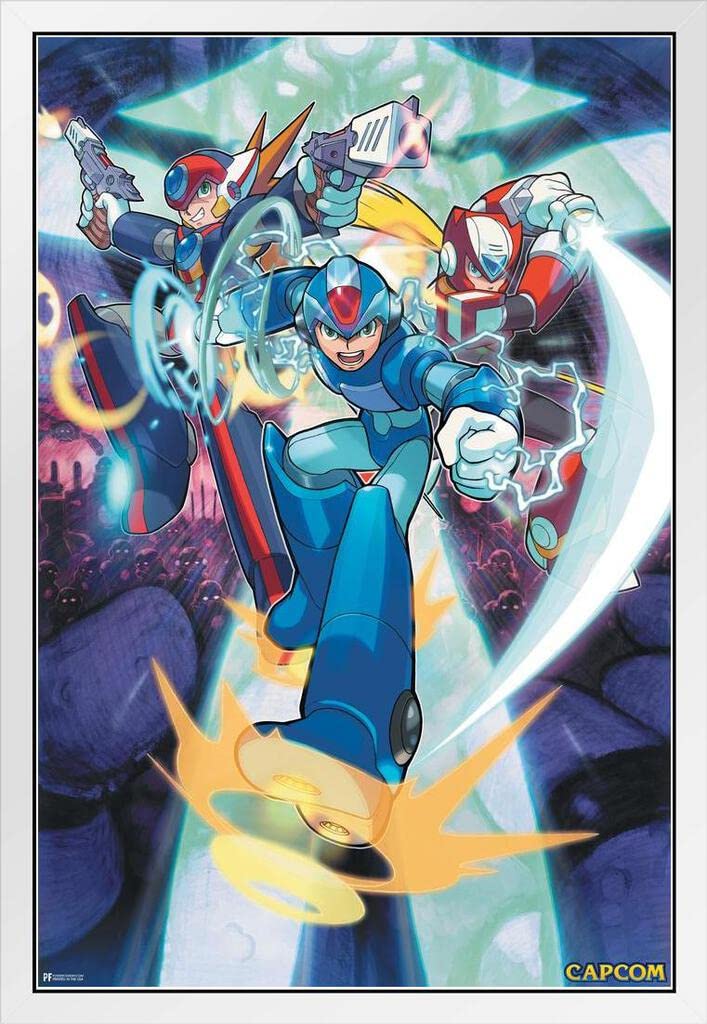 Mega Man X Art Video Game Video Gamer Classic Retro Vintage 90s Gaming MegaMan Capcom Legacy Collection Megaman 11 Mega Man X Dr Wily White Wood Framed Poster 14x20