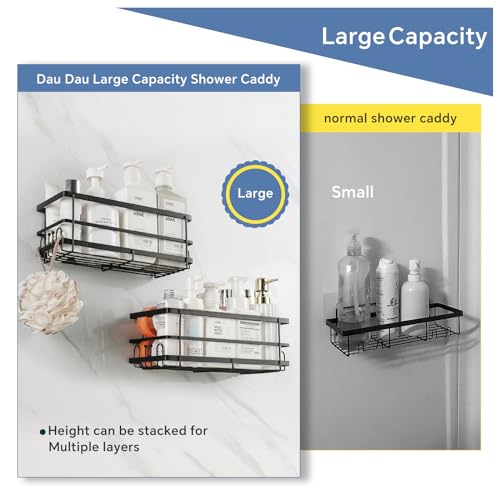 Dau Dau Shower Caddy Shelf Organizer, 2 Pack Shower Caddy with Hooks, No Drilling Stainless Steel Shower Shelf for Bathroom, Kitchen and Dorm,Wide-Rimmed Design Thickened Material