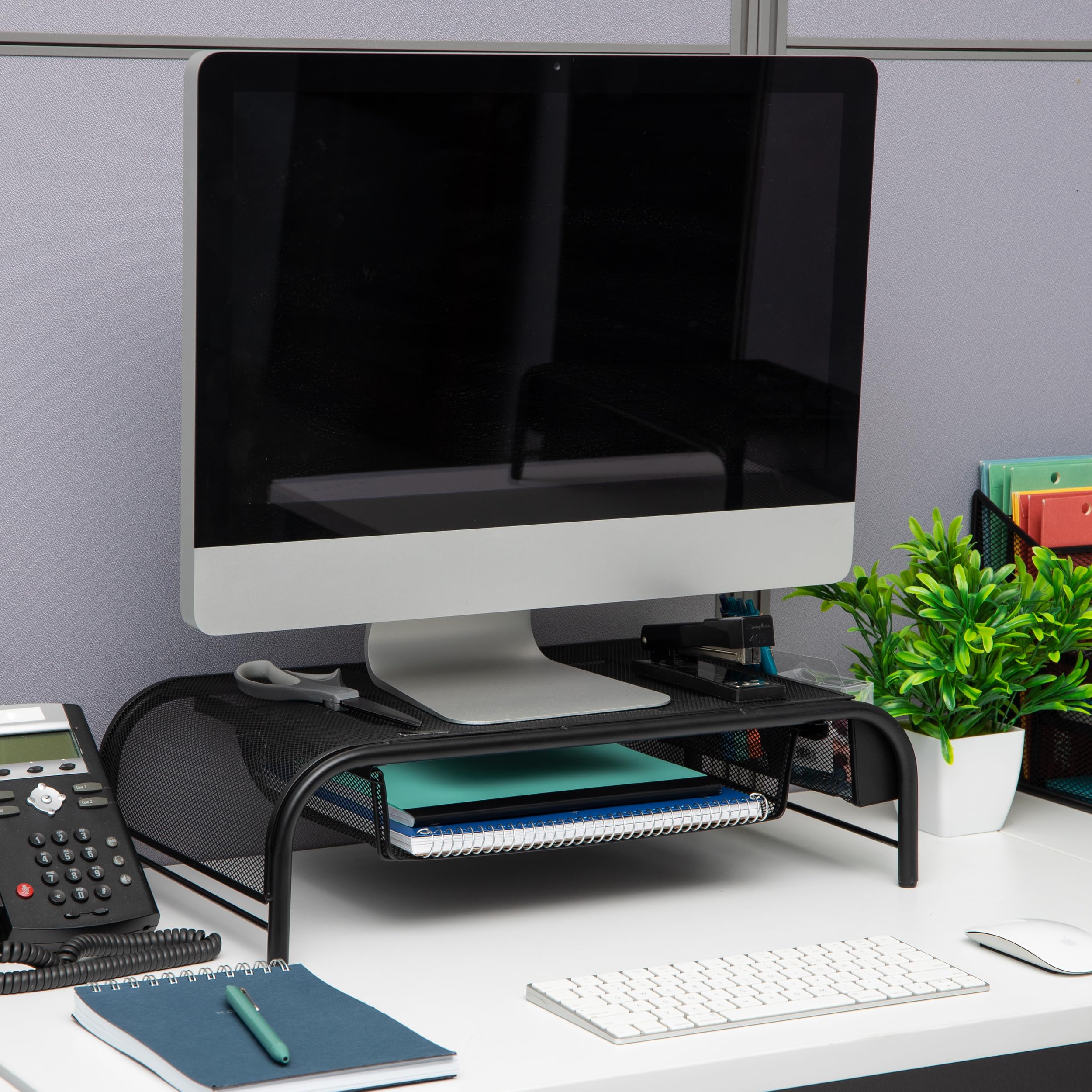 Mind Reader Monitor Stand, Ventilated Laptop Riser, Paper Tray, Storage, Office, Metal Mesh, 20"L x 11.5"W x 5.5"H, Black
