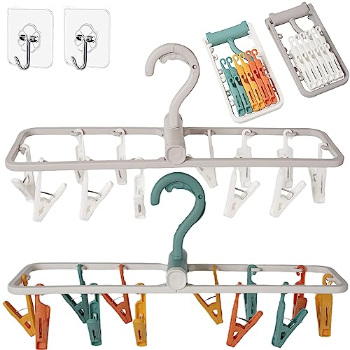 Foshine Clothes Drying Racks 2 Pack Grey Colour Small Folding Portable Underwear Hangers with Clips Socks 12 Clips 360° Rotatable Hook for Drying Towels Bras Baby Clothes Gloves Plast
