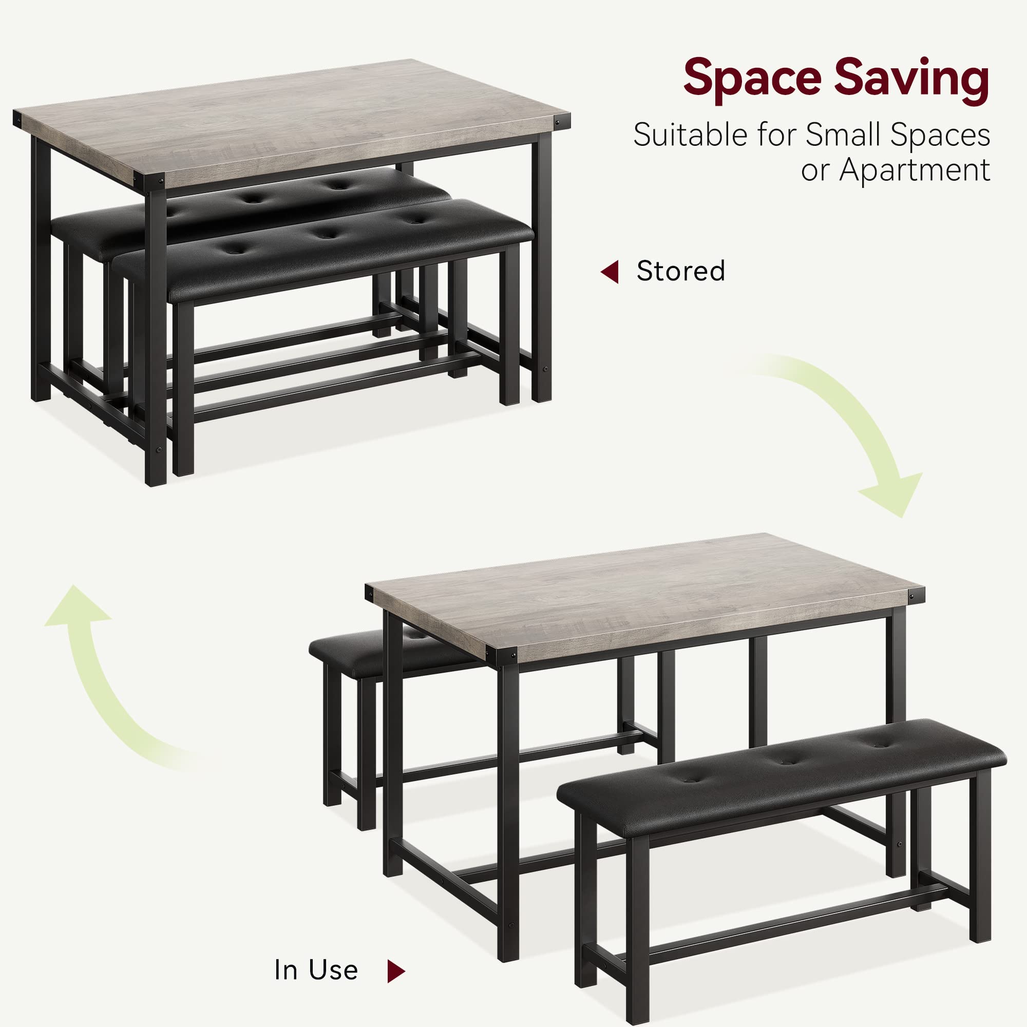 IDEALHOUSE Dining Table Set for 4, Kitchen Table with Upholstered Bench, Rectangular Dining Room Table Set with 2 Benches, 3 Piece Kitchen Table Set for Small Space, Apartment, Studio, Rustic Grey