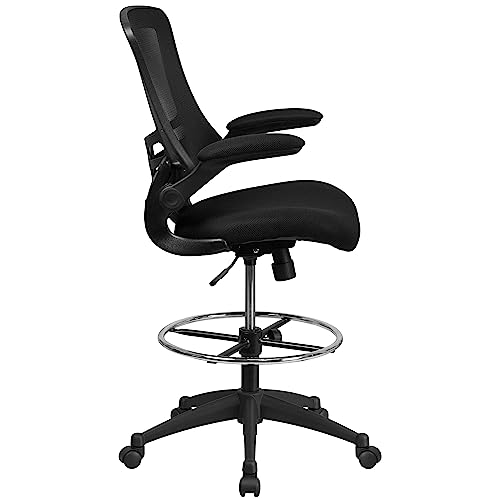 Flash Furniture Kelista Mid-Back Black Mesh Ergonomic Drafting Chair | Adjustable Foot Ring, Flip-Up Arms | Comfort and Productivity