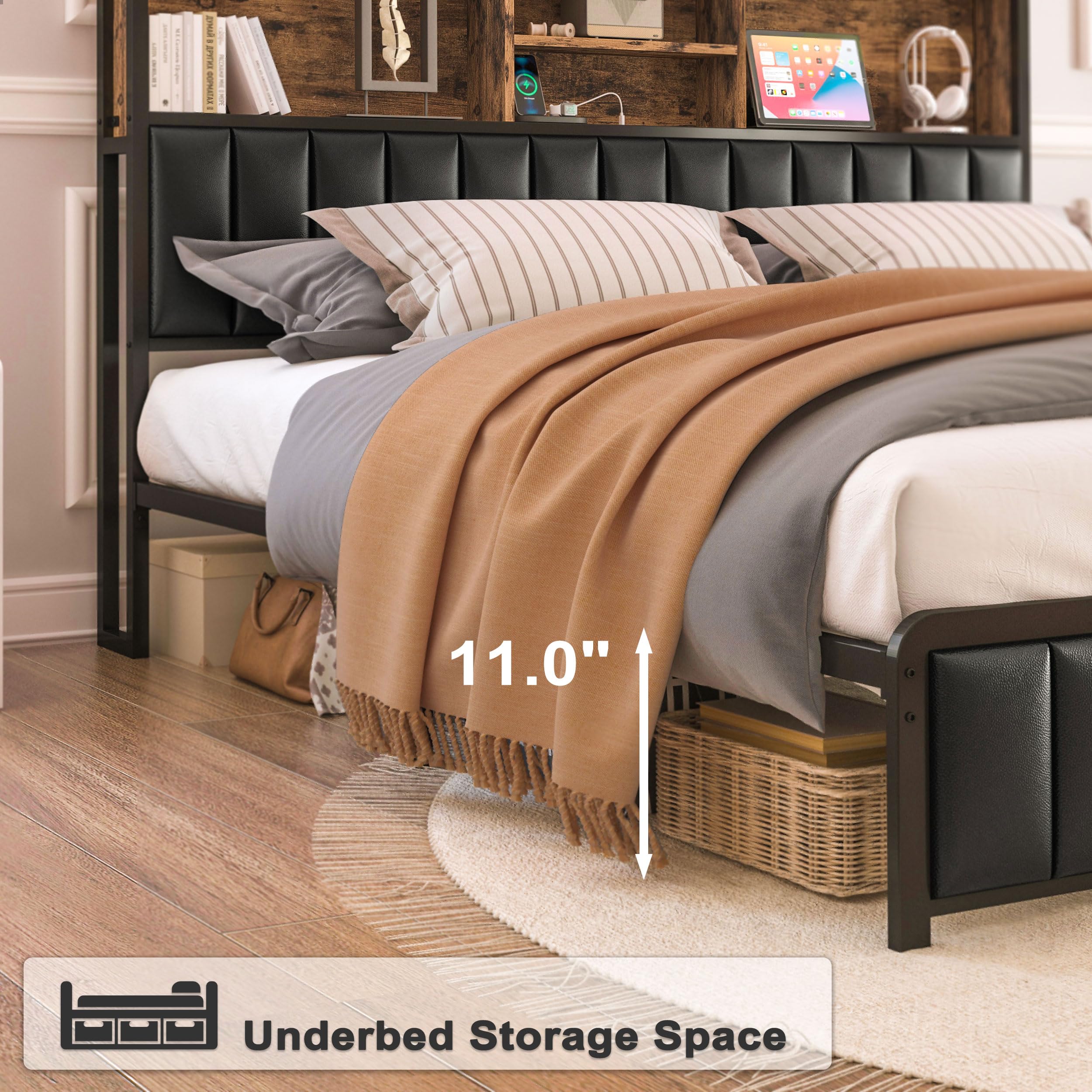 ANCTOR King Size Bed Frame with Upholstered Headboard and LED Light, Strong Platform Bed with Charging Station,No Box Spring Needed