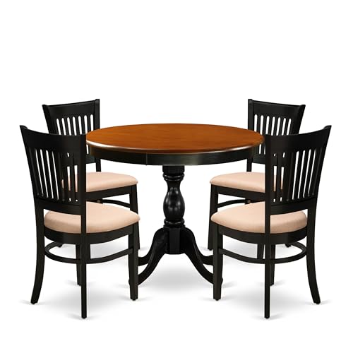 East West Furniture AMVA5-BCH-C 5 Piece Kitchen Table Set for 4 Includes a Round Dining Room Table with Pedestal and 4 Linen Fabric Upholstered Dining Chairs, 36x36 Inch, Black & Cherry