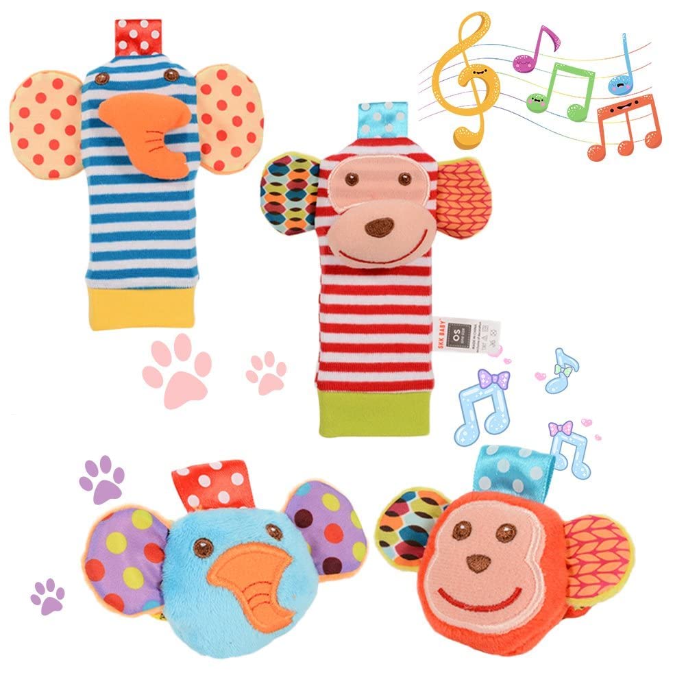 Baby Soft Rattles Toys,Infant Sensory Development Hand Grip Toys,Cute Stuffed Animal Handbells for Baby Gift(4 Pack)