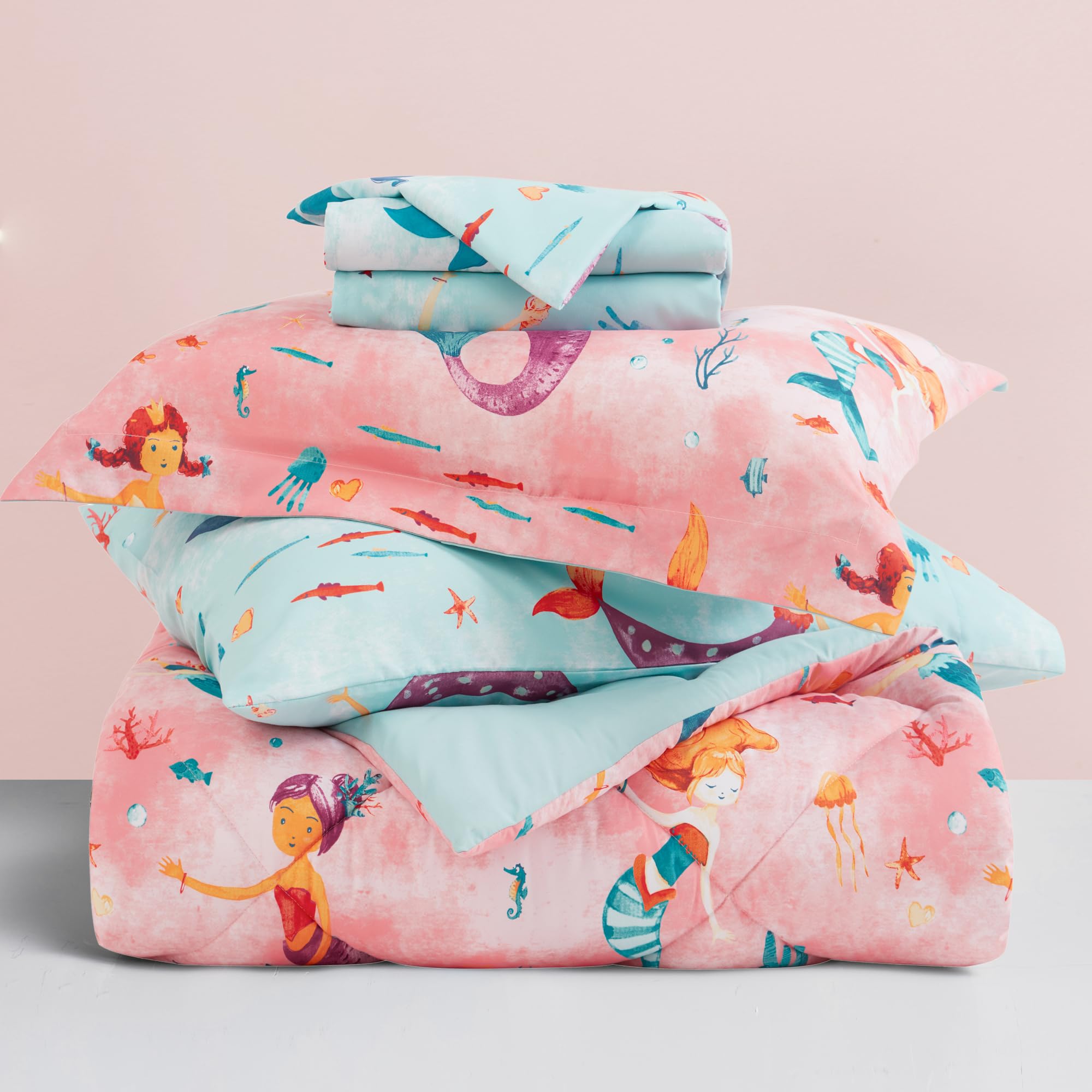 UMCHORD Pink Mermaid Kids Bedding Set for Girls, Twin Size 5 Pieces Bed in a Bag, Super Soft Lightweight Microfiber Comforter Set with Sheets, Hotel Quality Durable Children Bed Set