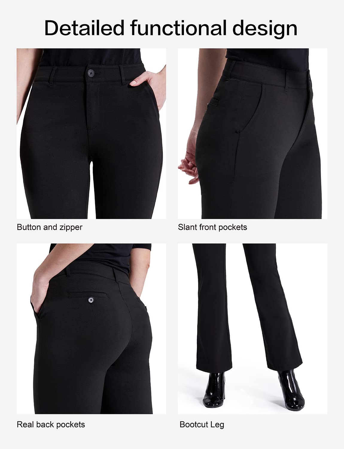 Bamans Womens Dress Pants Wide Leg Stretch Work Pants Skinny Golf Pants with Pockets Black
