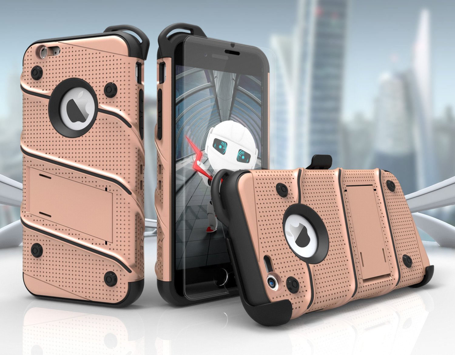 Zizo Dual Layer Military Grade Kickstand Bolt Holster Cover with 9H Tempered Glass Screen Protector for iPhone 6/ 6s - Rose Gold/ Black