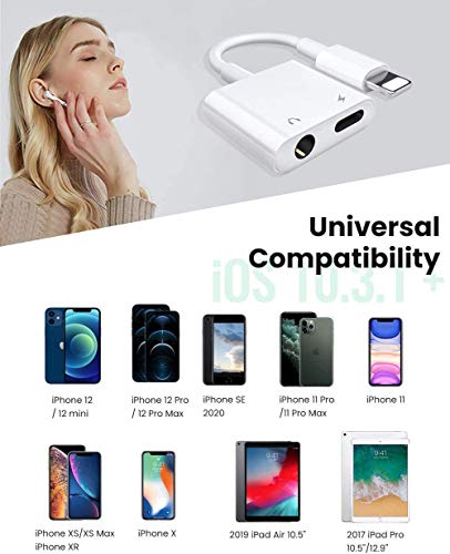 iPhone Headphones Adapter, 3 Pack [Apple MFi Certified] Lightning to 3.5mm Headphone/Earphone Aux Audio + Charge Jack Adapter Dongle Splitter Compatible with iPhone 14 13 12 11 XS XR X 8 7 6 iPad
