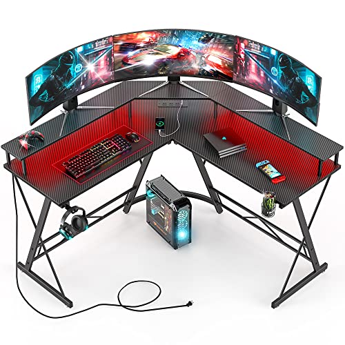 HYTXEN Gaming Desk with Led Lights, L Shaped Corner Computer Desk with Power Strip, Carbon Fiber Surface Gaming Table with Monitor Stand&Cup Holder, Headphone Hook, Graphite Black