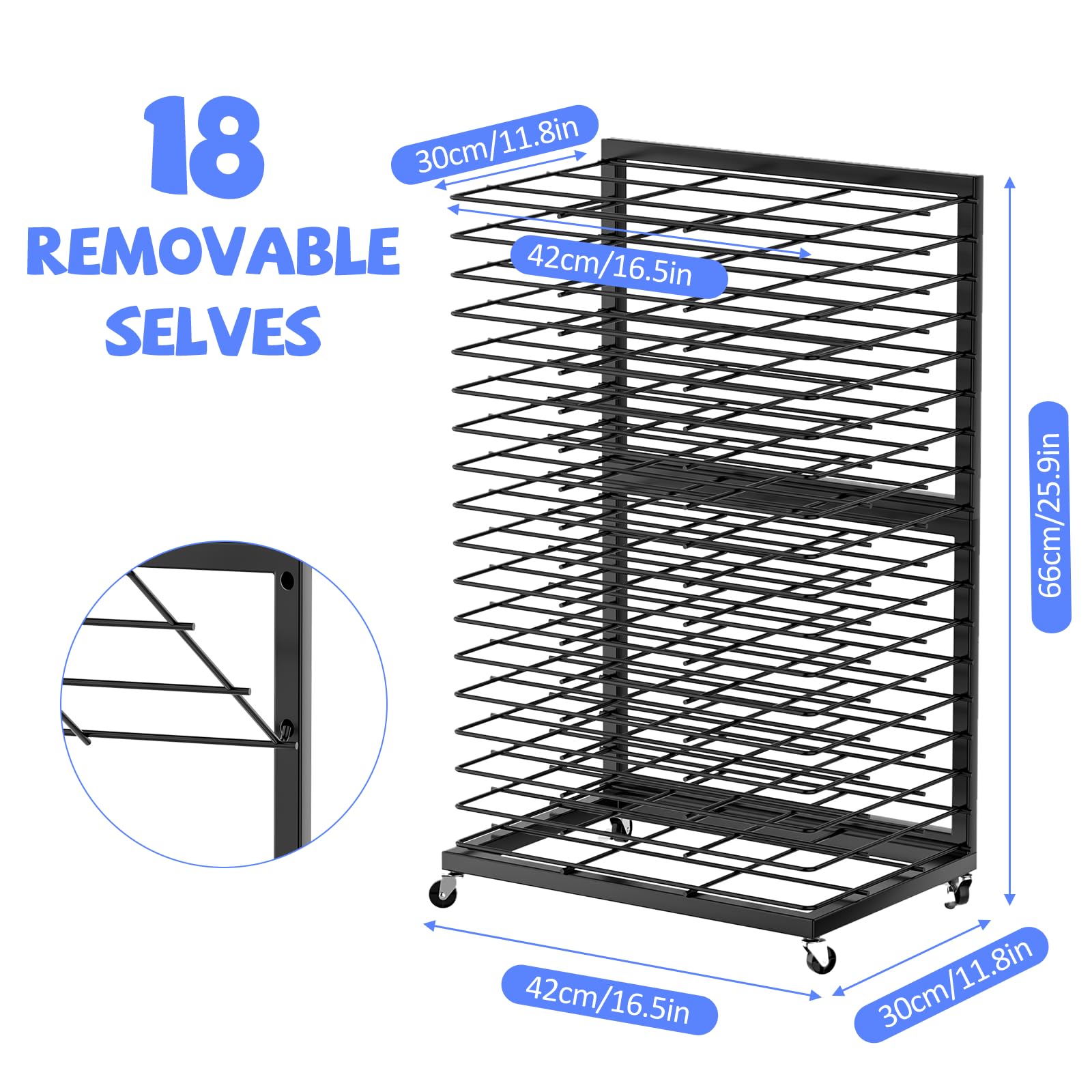 Blasinc Art Drying Rack, 18 Removable Shelves, Mobile Painting Drying Rack with Wheels, Canvas Rack for Classroom, Art Storage