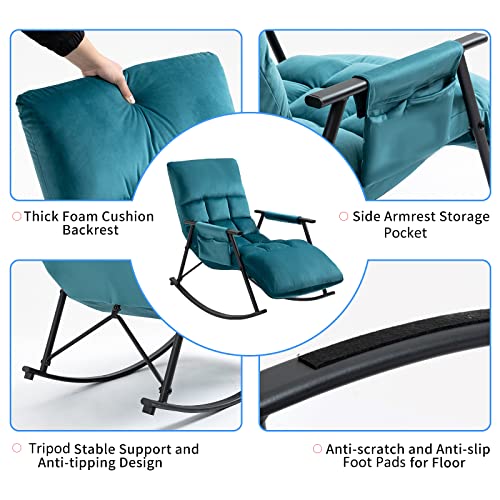 ZJhome Velvet Accent Folding Rocking Recliner Chair Nursery with Side Pocket Adjustable High Back & Foot Rest, Comfortable Upholstered Nursing Glider Rocker Armchair for Living Room, Bedroom(Teal)