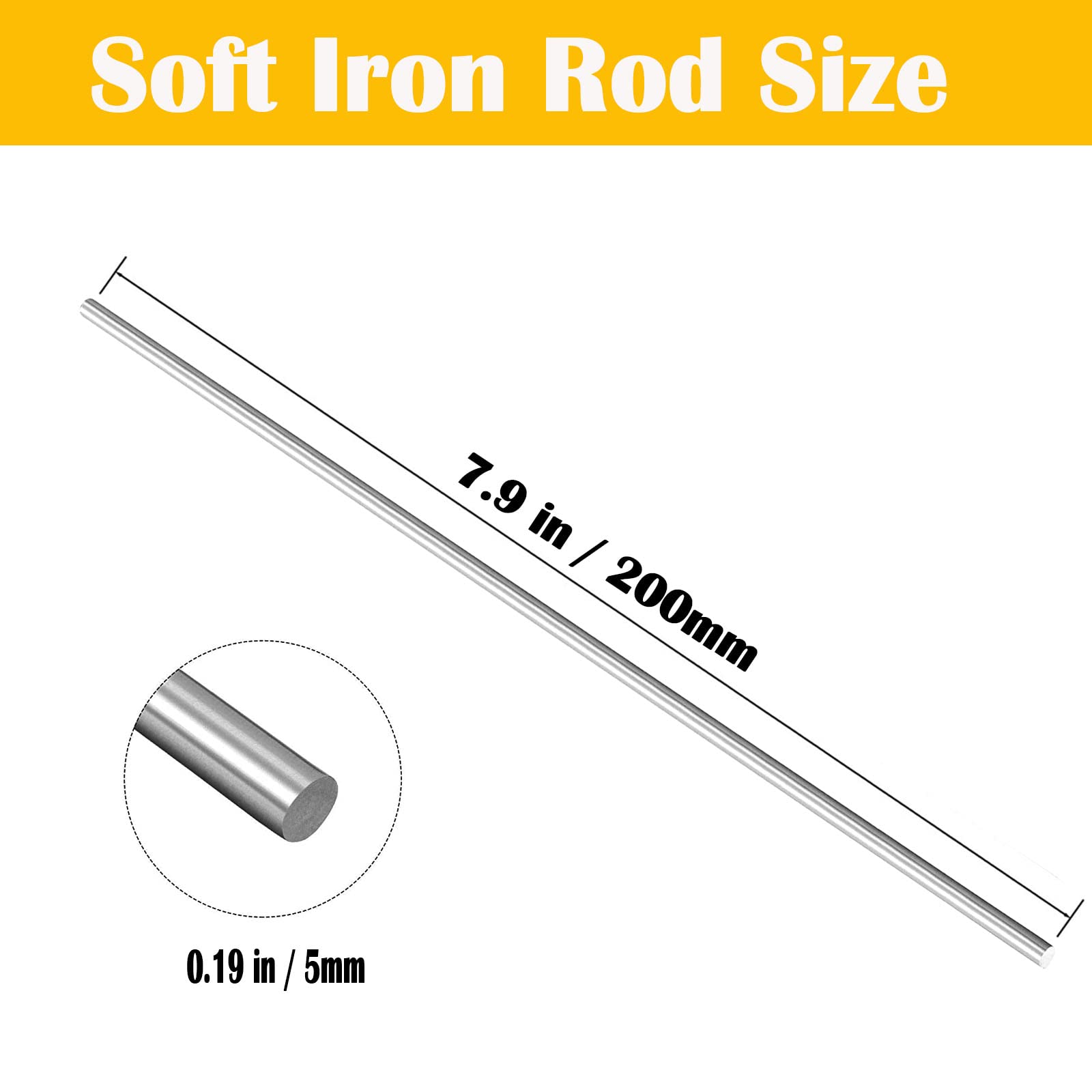Soft Iron Rod, High Pure Iron Rod, Ideal Core for Making Electromagnets, 0.19" Diameter, 7.9" Long