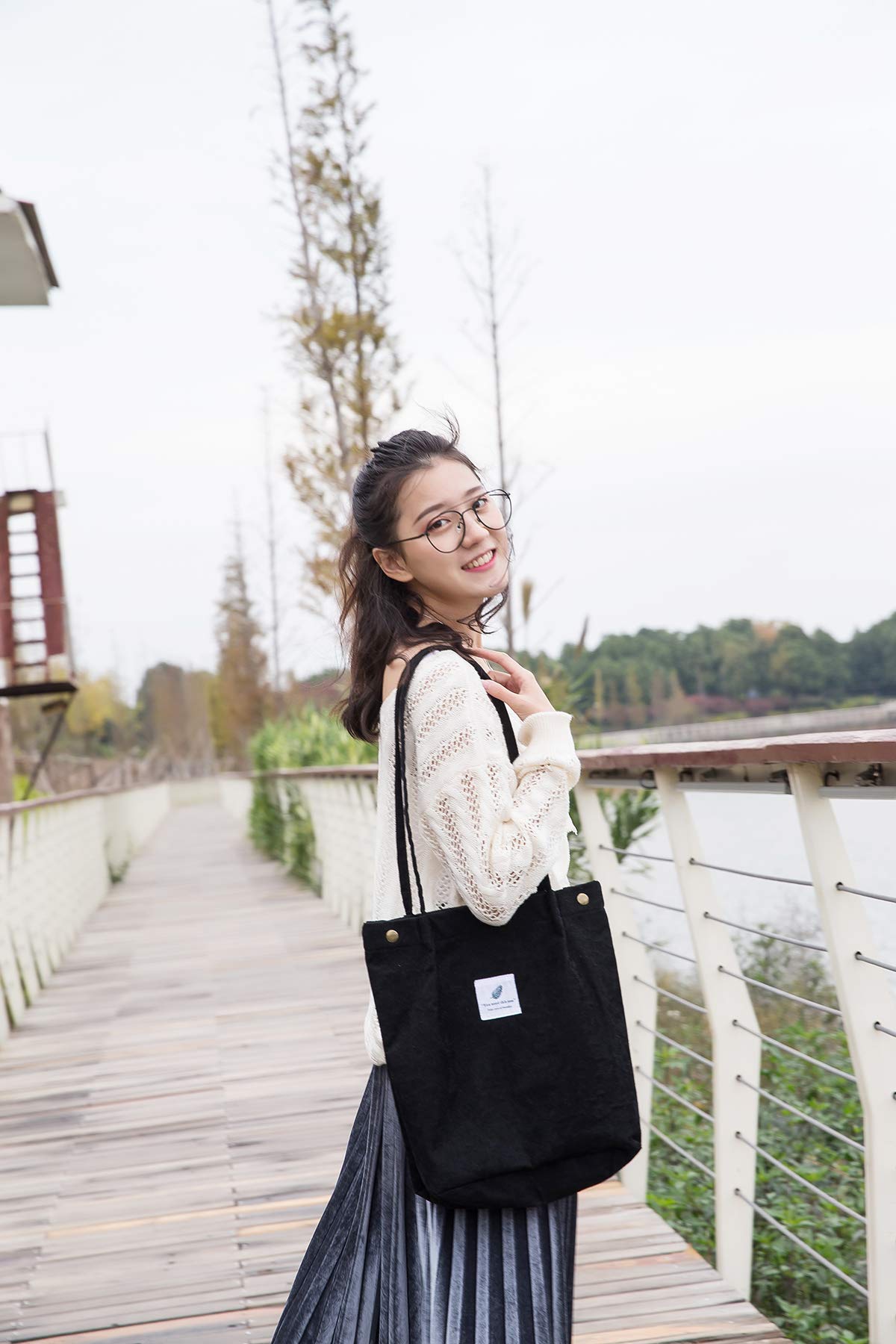 Belsmi Womens Ladies 13 Inches Corduroy Tote Bag (Black)