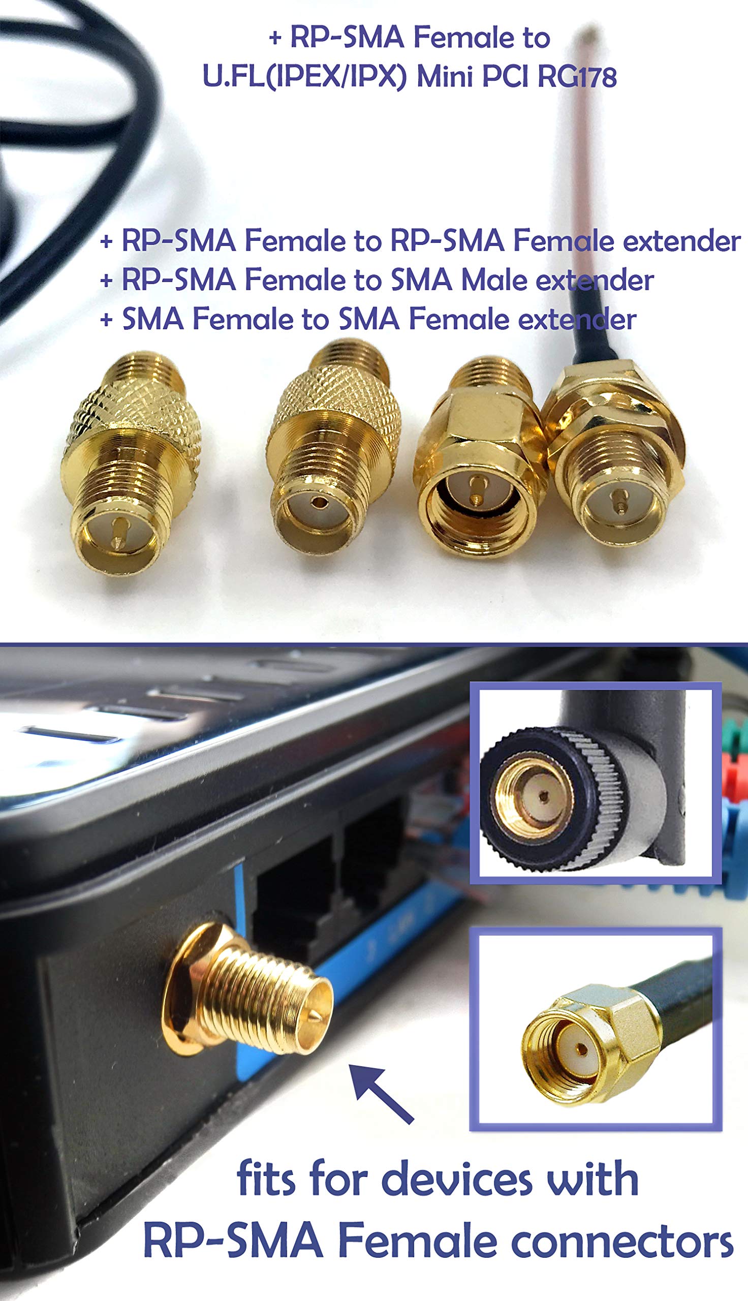 Universal Kit Dual Band Wi-Fi 9dbi Extension Long Range Omni Directional 2.4/5Ghz Antenna RP-SMA Male Connector on Magnet Base with Connectors and Extenders