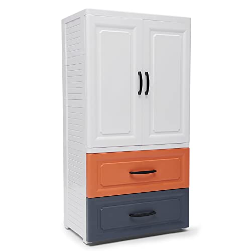 Gdrasuya10 Plastic Drawers Dresser with 2 Drawers and 1 Large Cabinet, 22.4" L x 15.7" D x 43.3" H Plastic Tower Closet Organizer with Wheels Suitable for Apartments Condos and Dorm Rooms