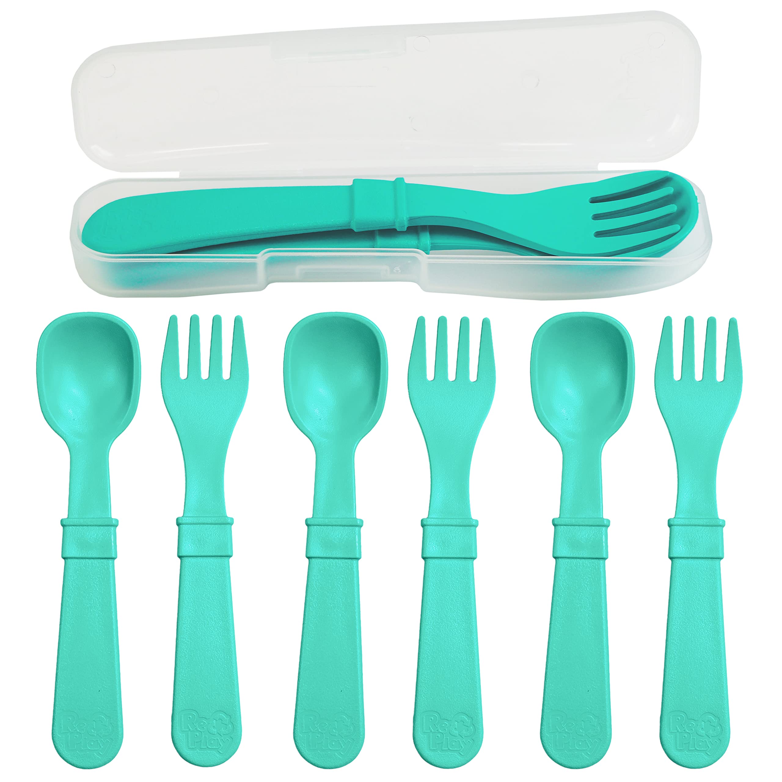 Re-Play Made in USA Toddler Forks and Spoons, Pack of 8 Without Carrying Case - 4 Kids Forks with Rounded Tips and 4 Deep Scoop Toddler Spoons - 0.2" Thick Toddler Utensils, Aqua