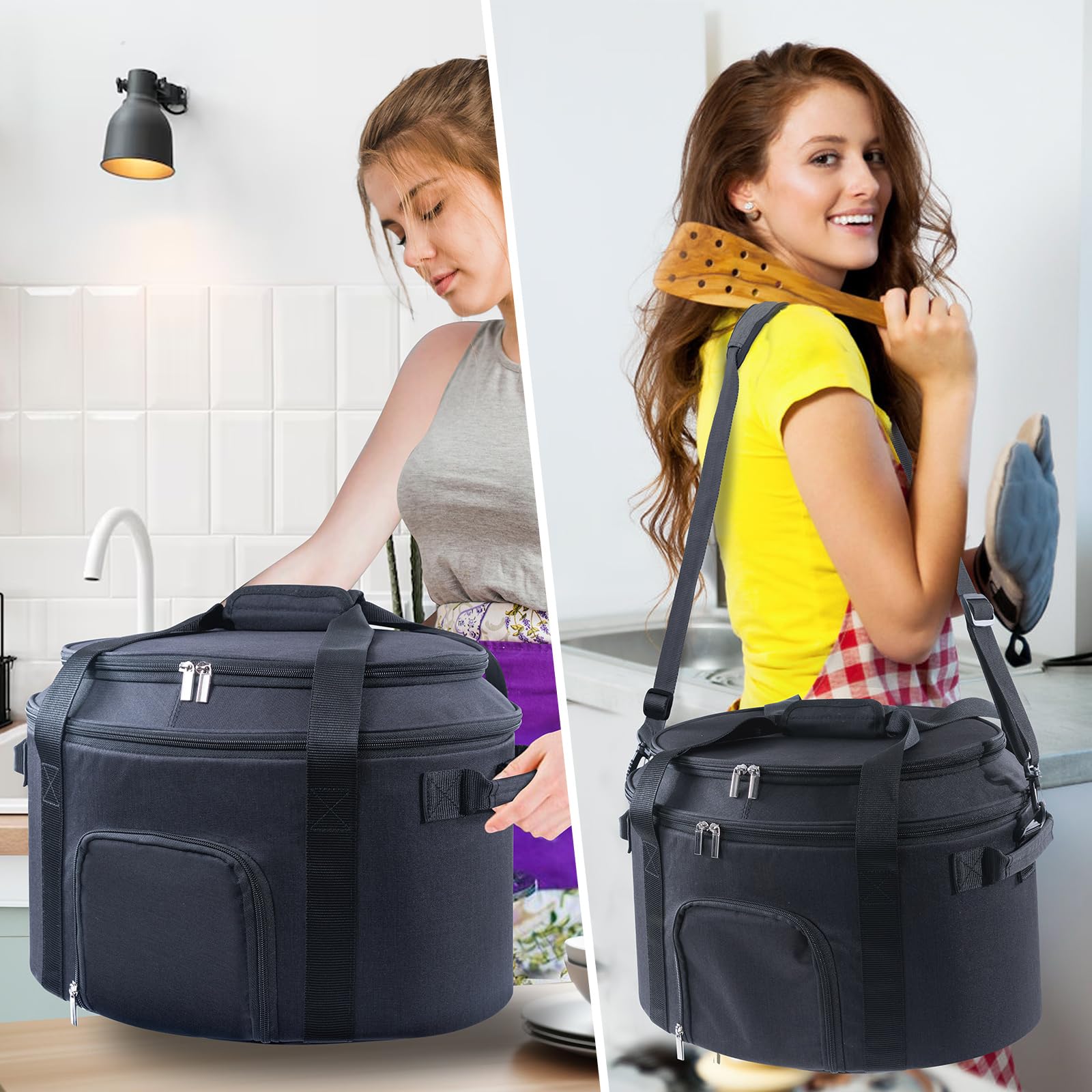Double-Layer Slow Cooker Carrying Bag for 6-8 Quart CrockPot and Hamlton Beach Slow Cooker, Travel Bag with Lid Fastener for Crock-pot, Portable Carrier Case Slow Cooker Bag with See-thought Window