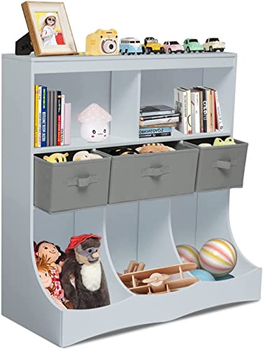 kinbor Kids Storage Organizer Bookcase - 3-Tier Toy Storage Cabinet Toddlers Bookshelf with 3 Removable Drawers, Baskets Multi Shelf Cubby for Nursery Activity Room Bedroom, White