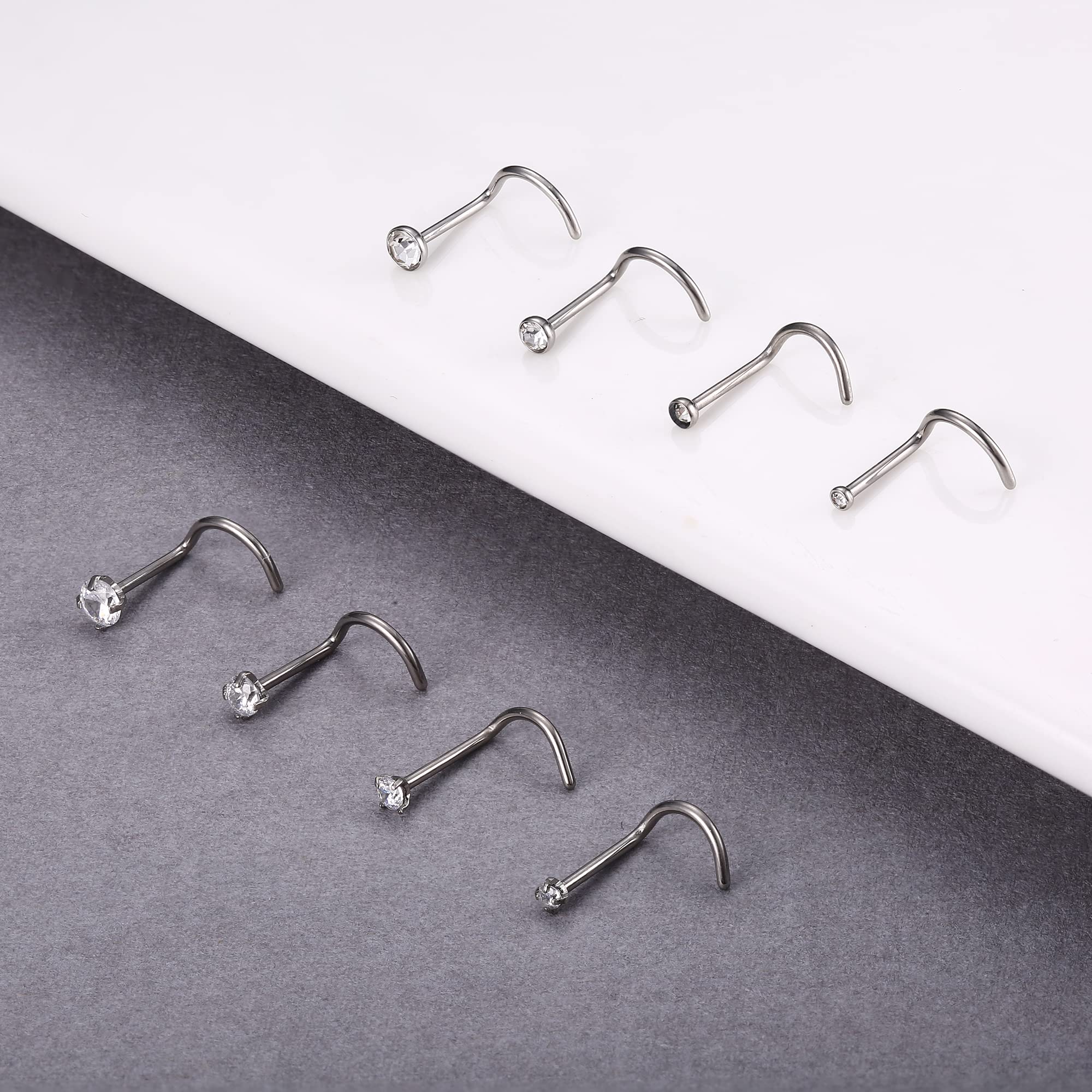 Besteel G23 Titanium 20G Nose Rings Studs for Women Men Clear Diamond CZ Nostril Piercing Jewelry Straight/Screw/L Shaped Nose Studs Set 1.5mm 2mm 2.5mm 3mm 8PCS Screw Shaped