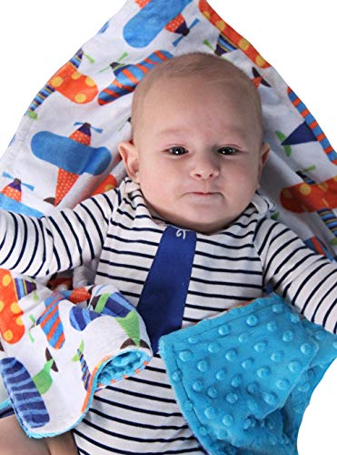 Snuggle Stuffs Unisex Baby Reversible Minky Dot Stroller Blanket (Choose Color) (Airplane/Turquoise)