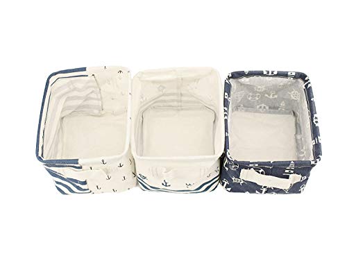 Orino Waterproof Nursery Nautical Fabric Small Storage Baskets Beach Anchor Theme Collapsible Portable Storage Bins with Handle for Cloth, Toys, Books, Sundries, Set of 3
